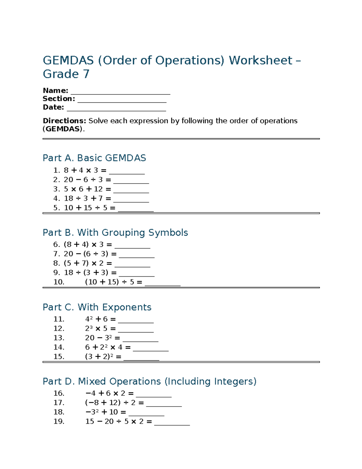 GEMDAS Order of Operations Worksheet - Grade 7 - Studocu