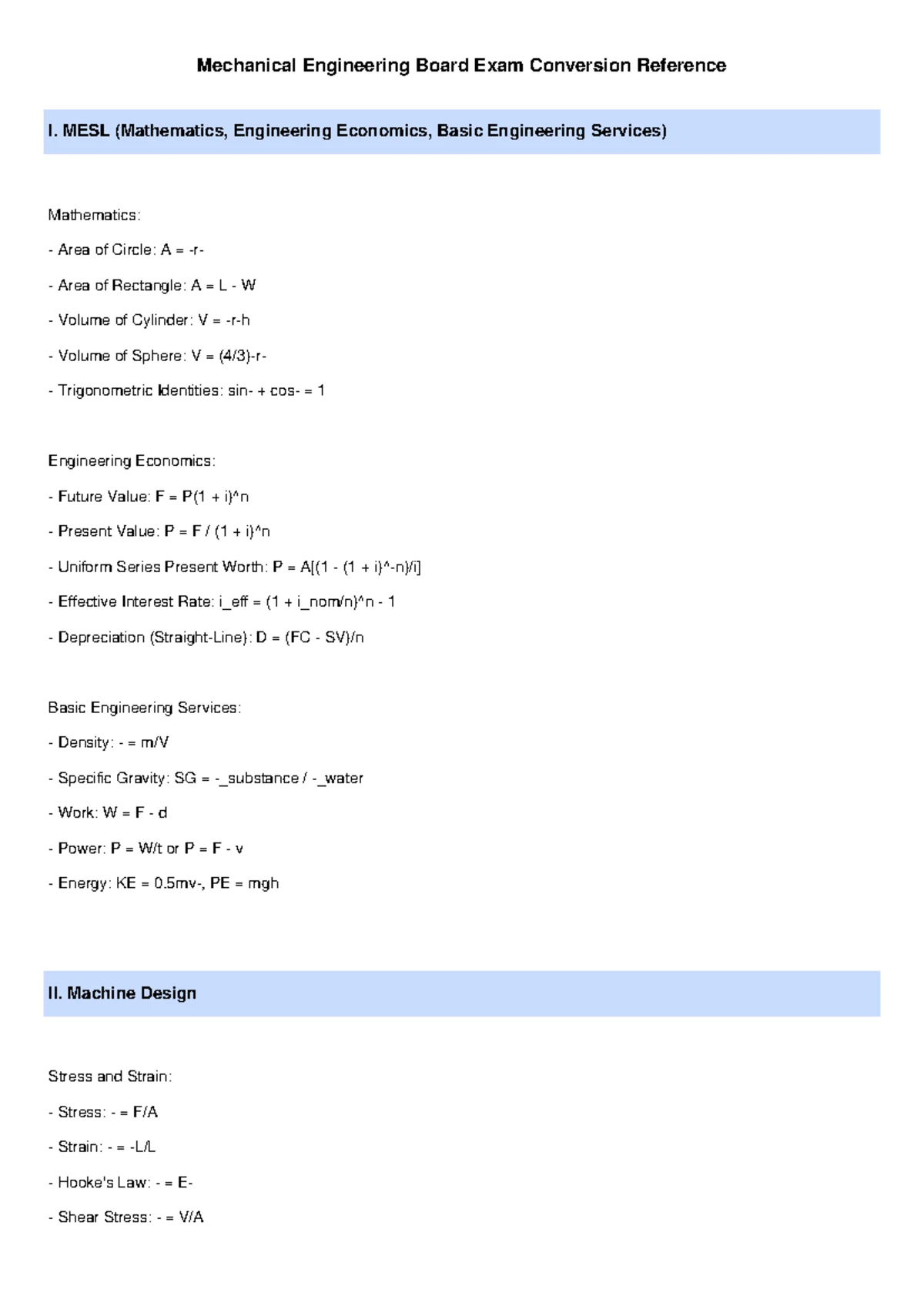Mechanical Engineering Board Exam Unit Conversions Reference I. MESL ...