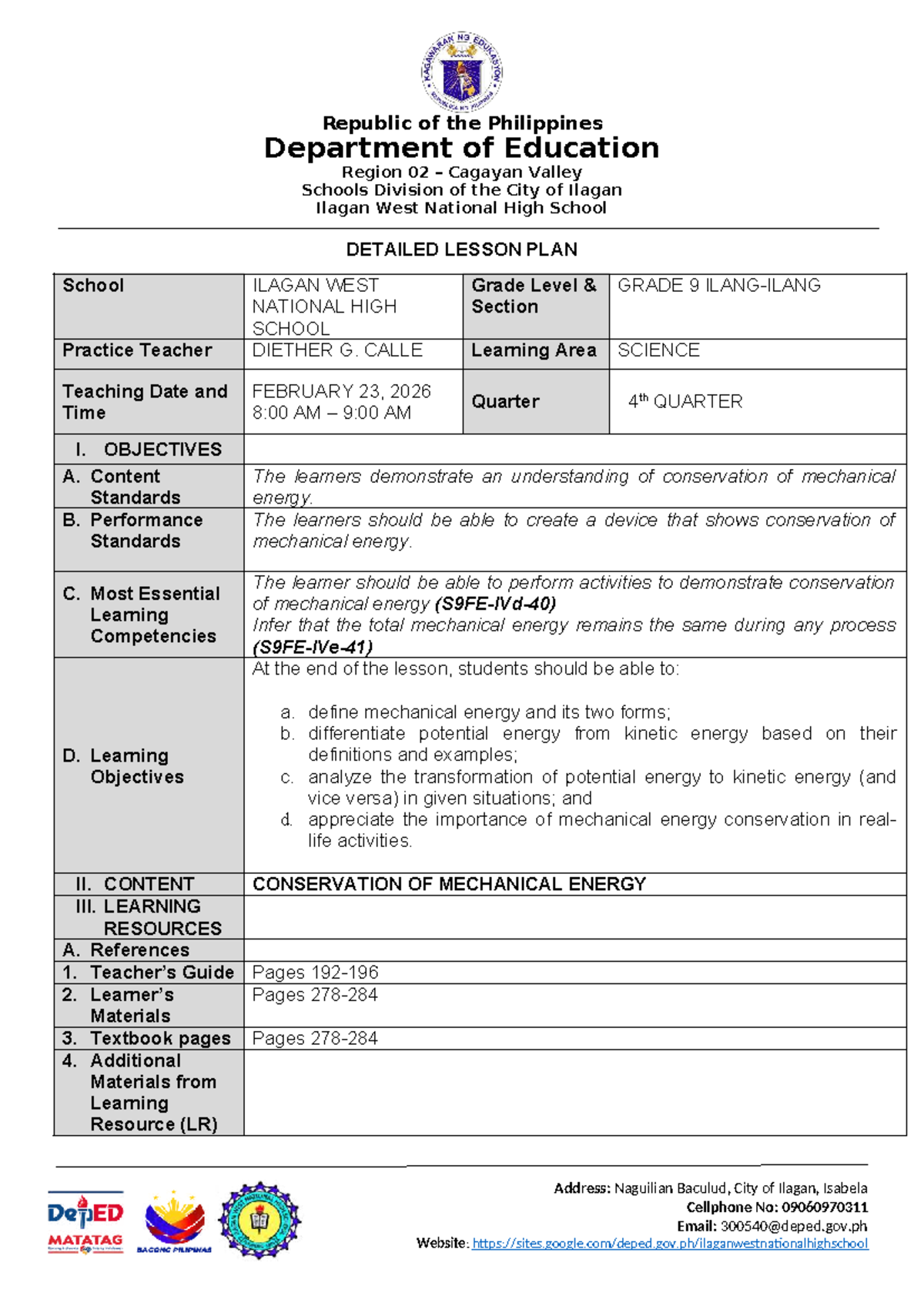 DLP Science 9: Detailed Lesson Plan on Conservation of Mechanical ...