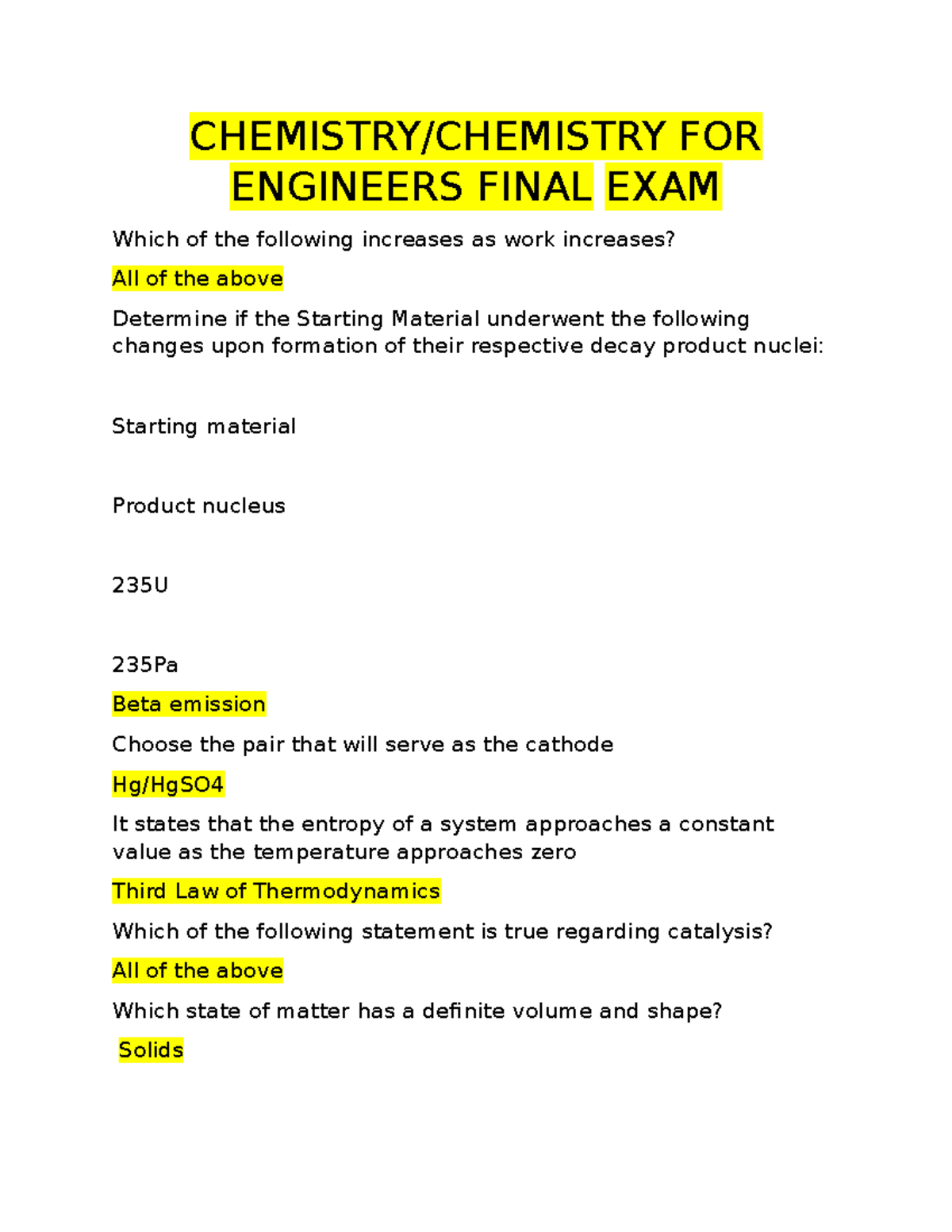 Chemistry 101: Engineers Final Exam Study Guide - Studocu