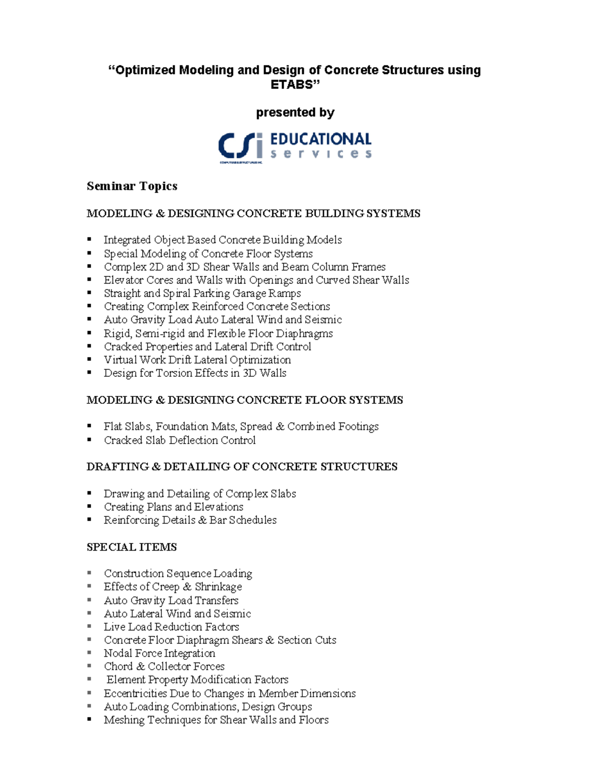 ETABS Concrete Design Seminar Notes: Advanced Modeling & Techniques ...