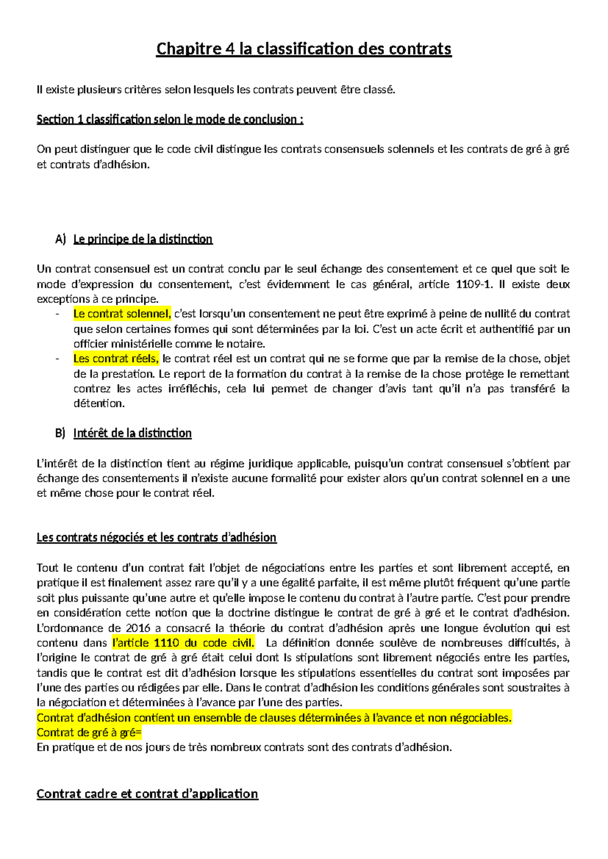 Chapitre 4 : Classification des contrats selon le Code Civil FR-2023 ...