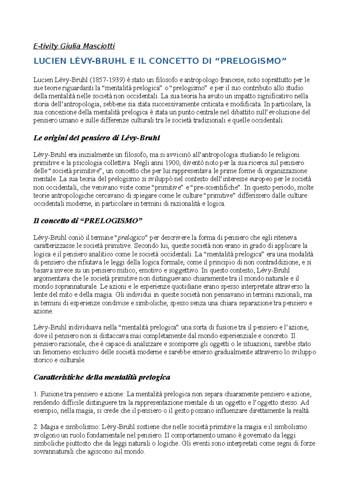 E-tivity: Lucien e il Concetto di Mentalità Prelogica - Studocu