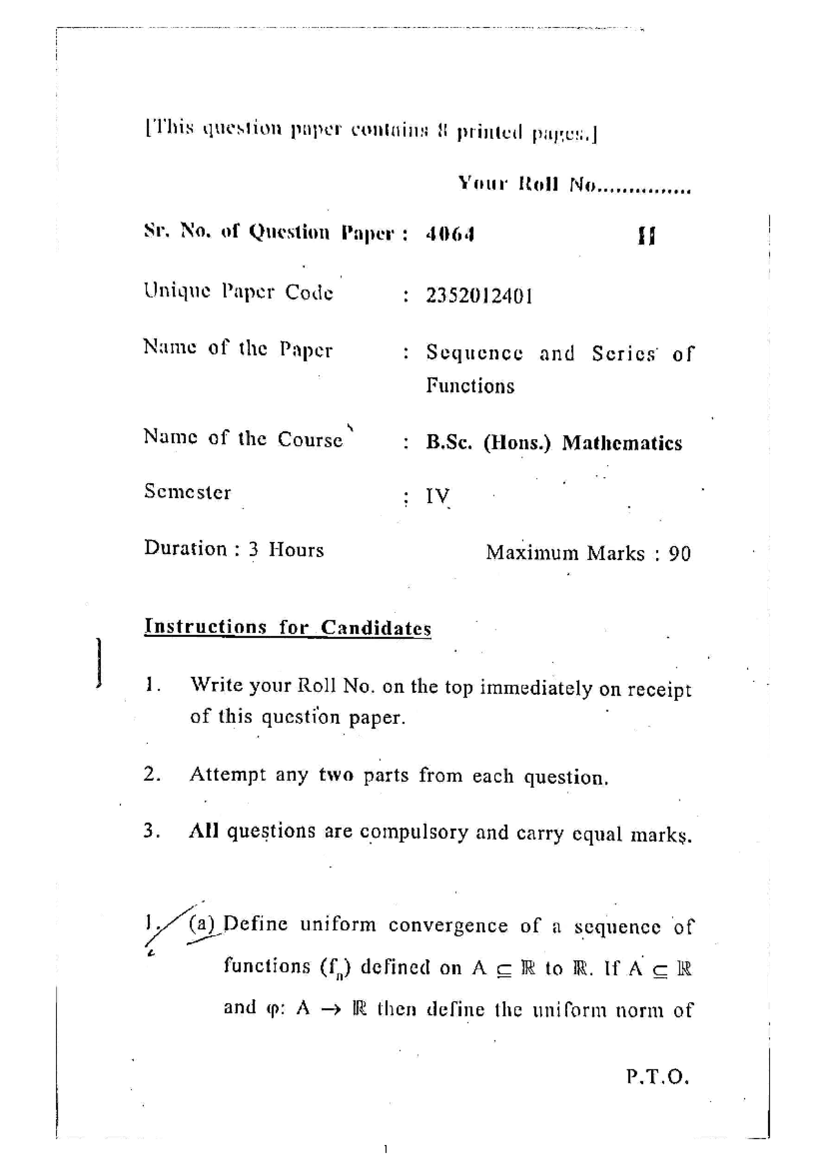 B.Sc. (Hons.) Mathematics IV Sem: Sequence & Series of Functions Exam ...