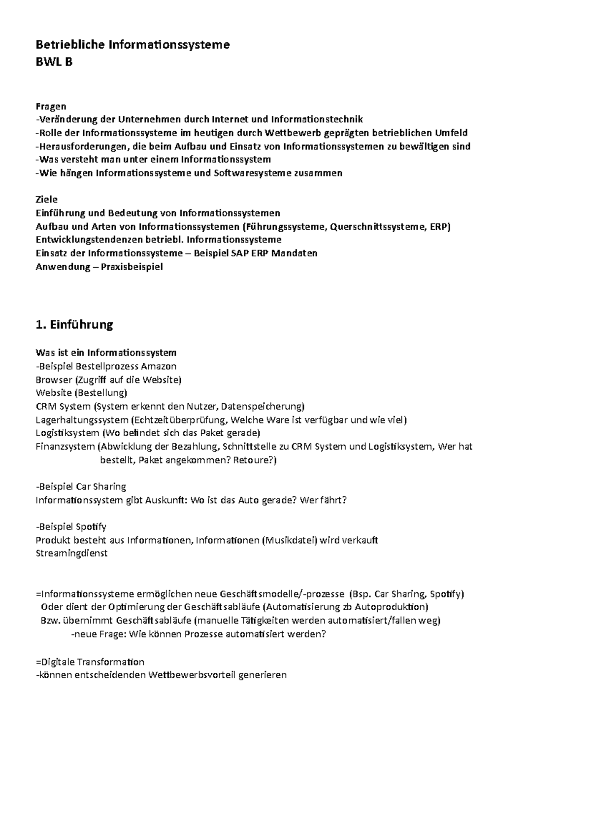 BWL B: Betriebliche Informationssysteme und Digitale Transformation ...