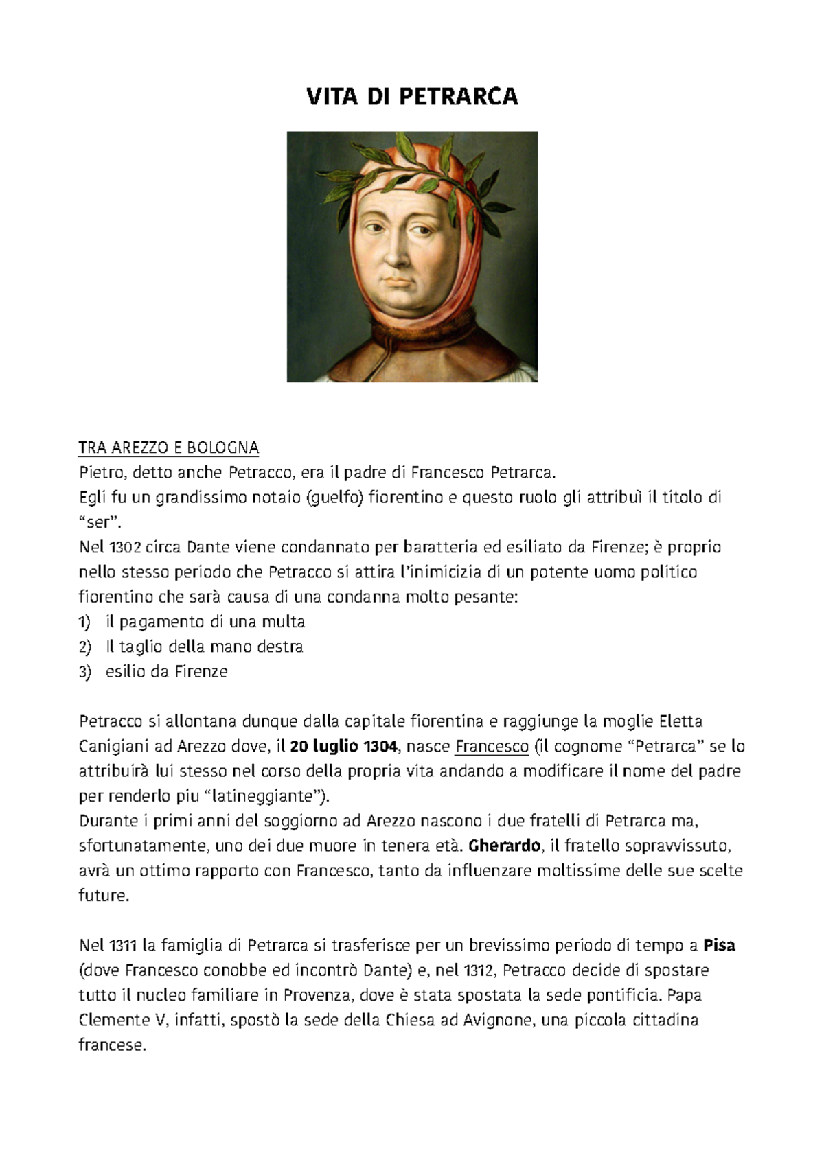 Vita di Petrarca - riassunto - VITA DI PETRARCA TRA AREZZO E BOLOGNA ...