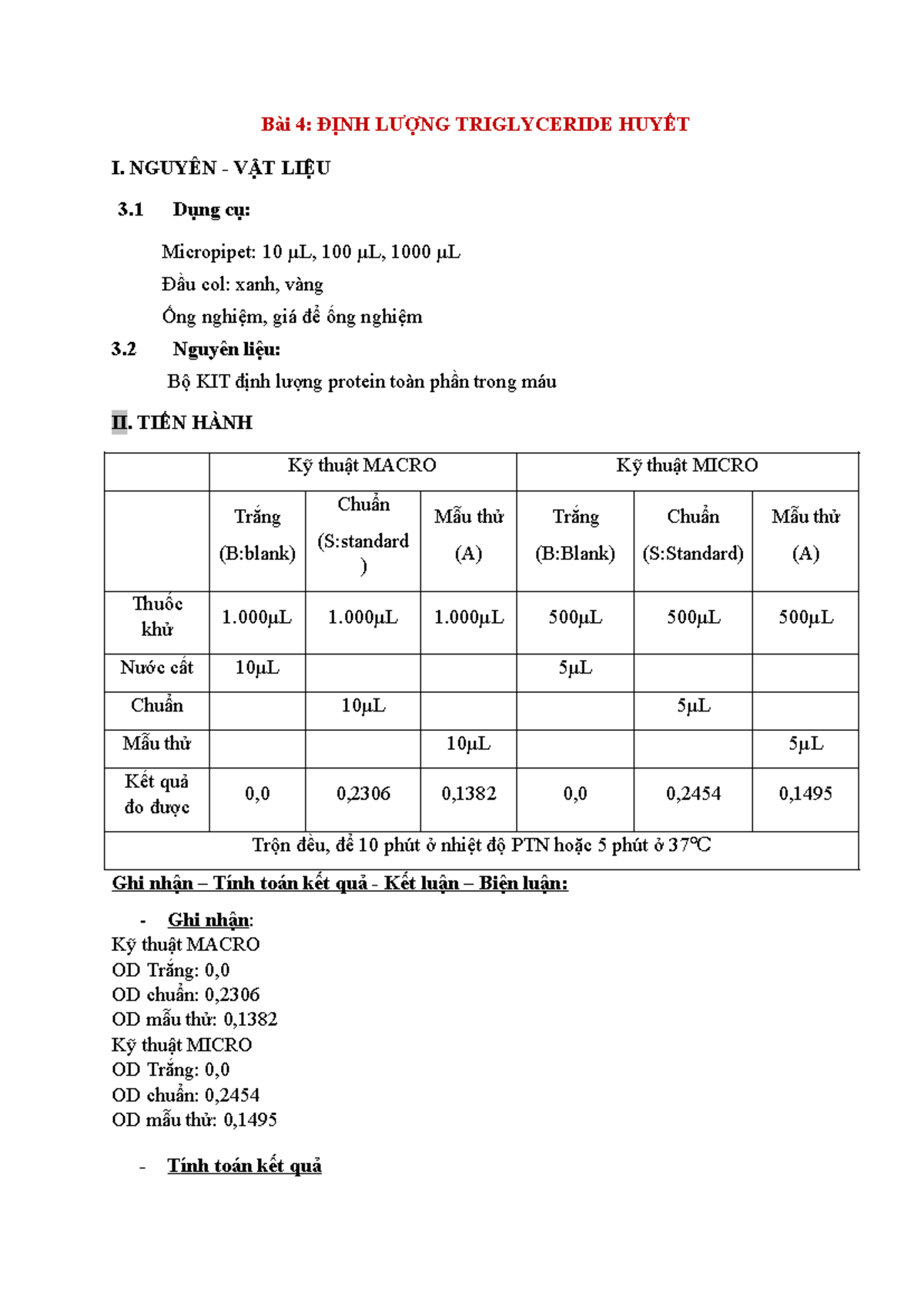 Bài 4: Định Lượng Triglyceride Huyết - Kỹ Thuật MACRO & MICRO - Studocu