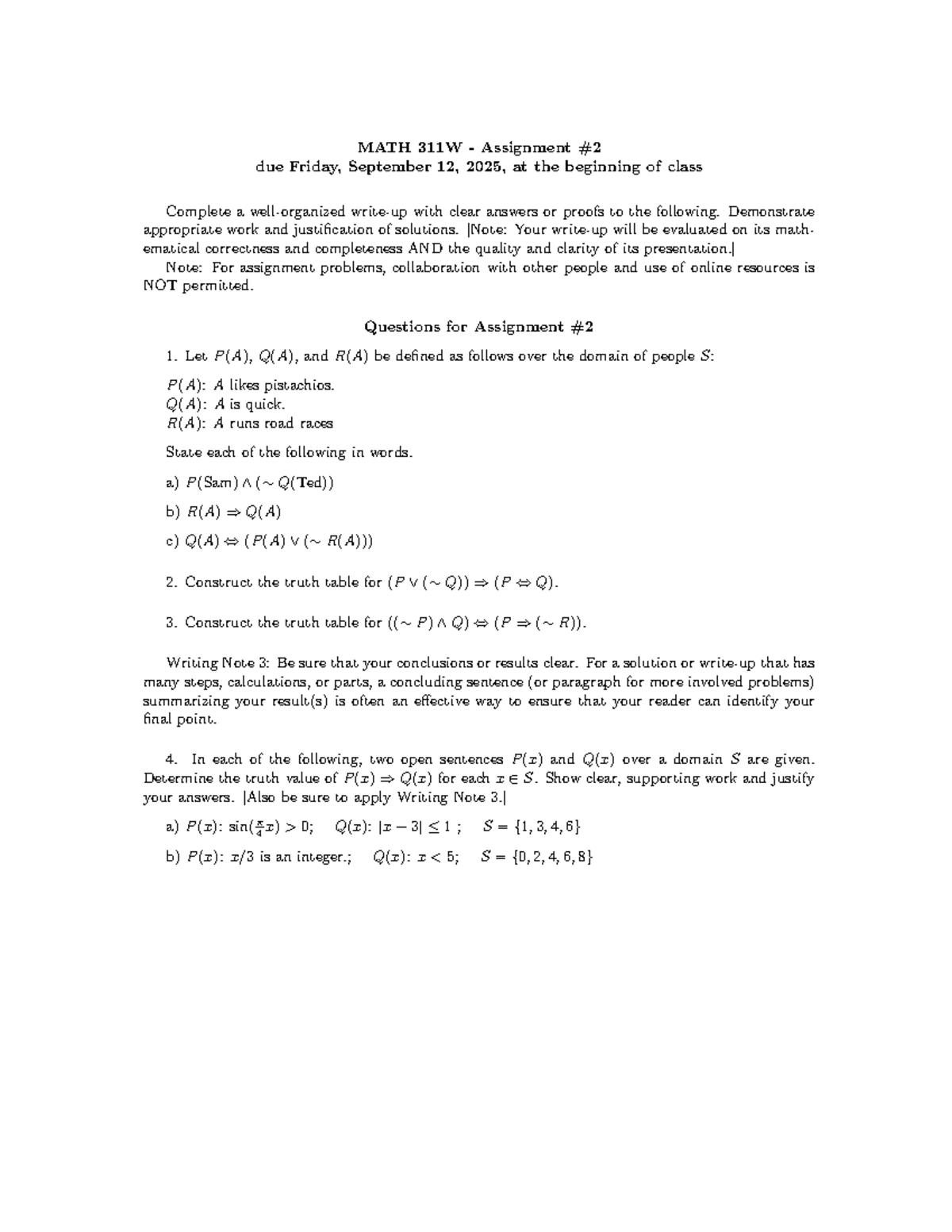 MATH 311W - Assignment #2: Logic & Truth Tables Analysis - Studocu