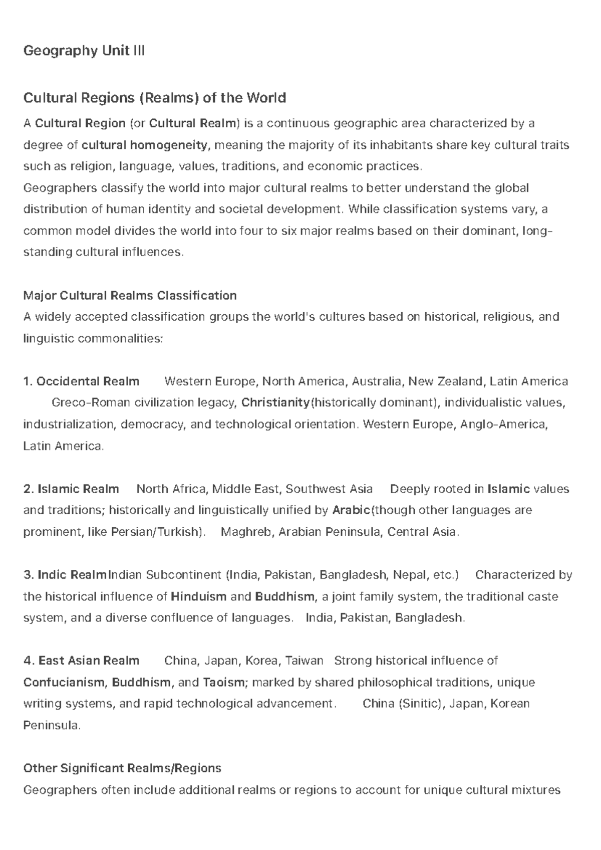 Geography Unit III: Cultural Regions and Indigenous Peoples of the ...
