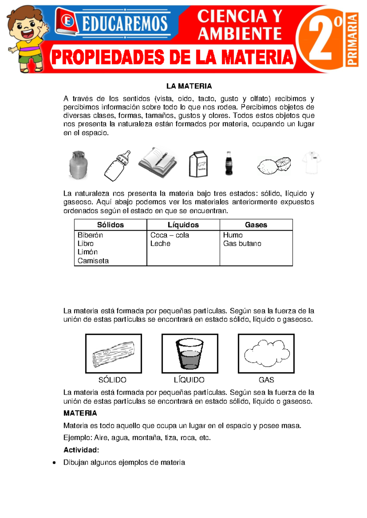 Propiedades y Estados de la Materia para 2º Grado de Primaria - Studocu