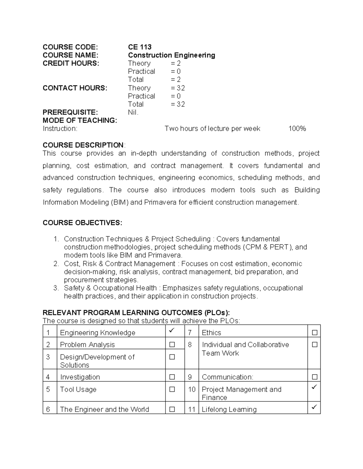CE 113 Construction Engineering: Theory, Methods & Management - Studocu