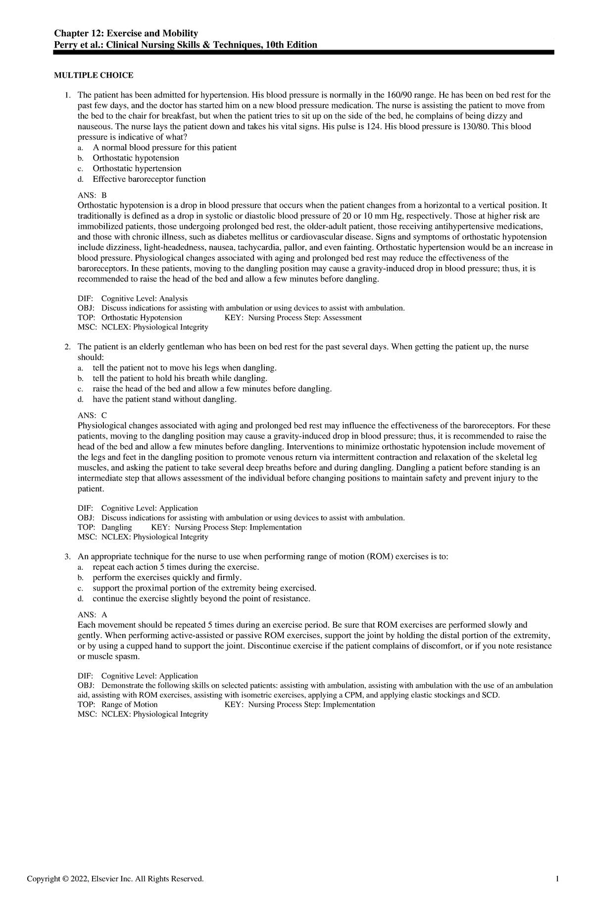 Exam View - Chapter 12 - Quiz - Chapter 12: Exercise and Mobility Perry ...