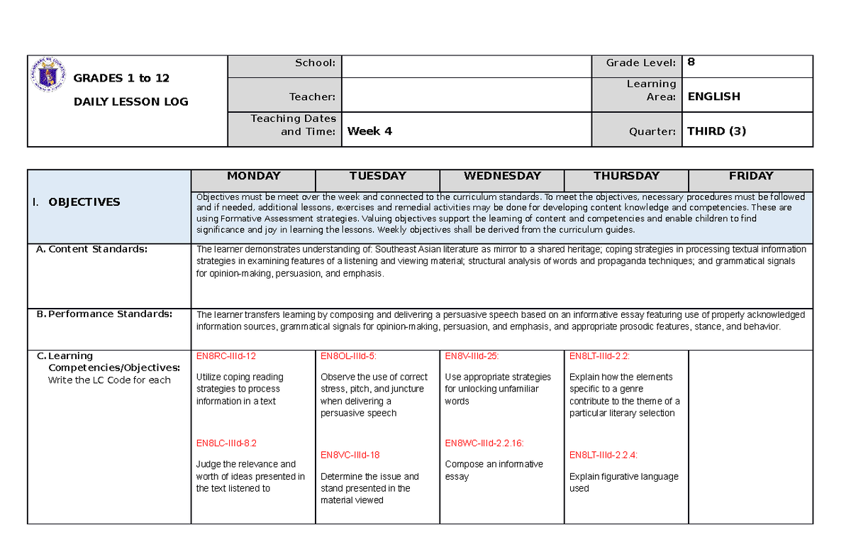 DAILY LESSON LOG FOR ENGLISH, GRADE 8 - WEEK 4, QUARTER 3 - Studocu