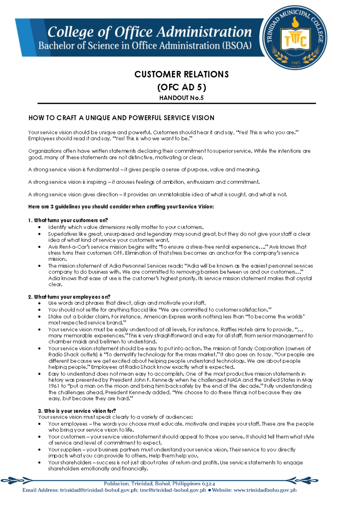 CUSTOMER RELATIONS (OFC AD 5) HANDOUT 5: CRAFTING A POWERFUL SERVICE ...