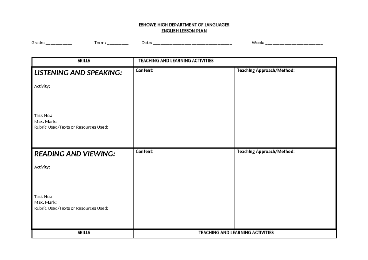Copy-Lesson Plan Template for English - ESHOWE HIGH DEPARTMENT OF ...