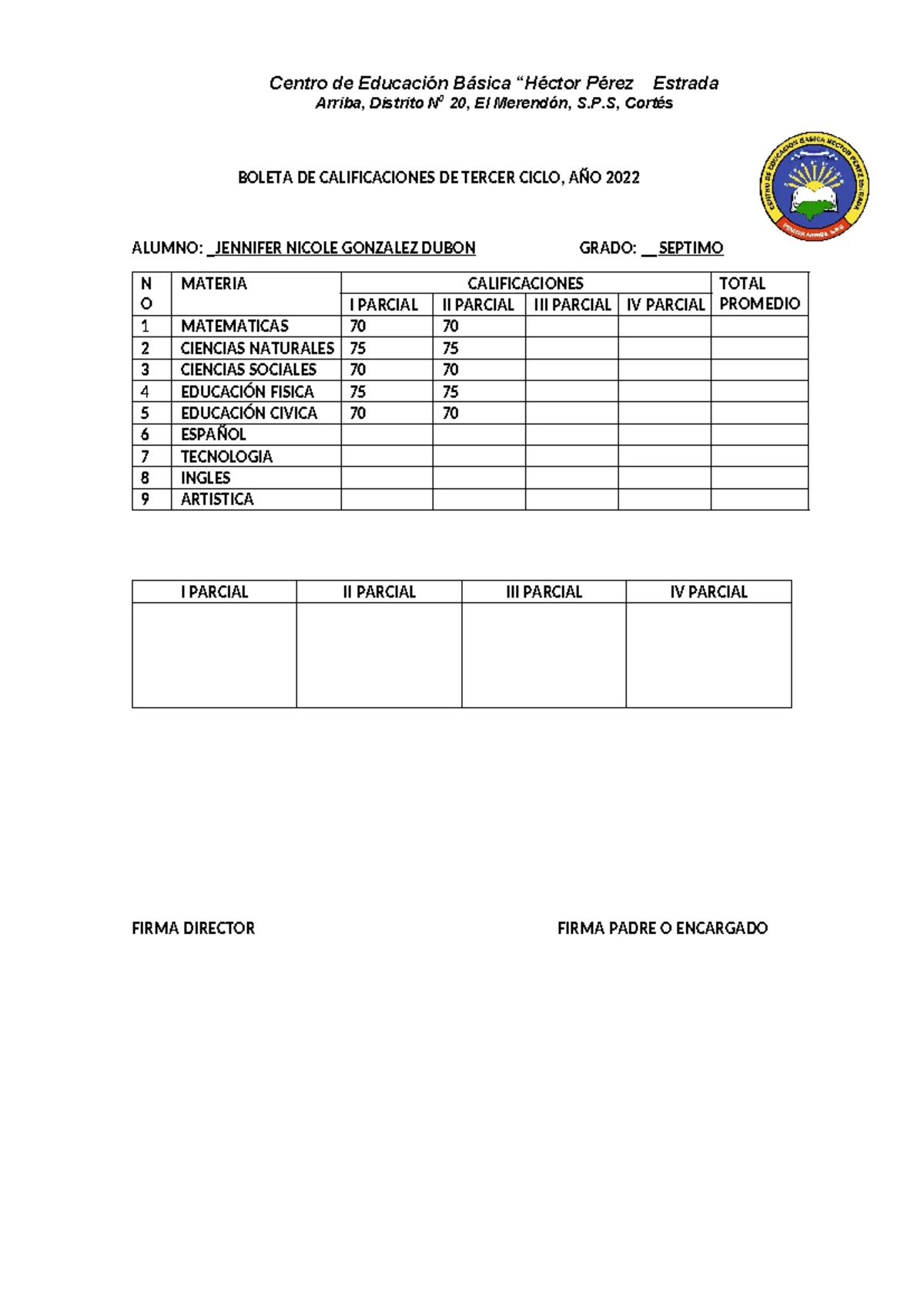 Boleta Septimo Daniel - Centro de Educación Básica “Héctor Pérez Estrada Arriba, Distrito N 0 20 ...