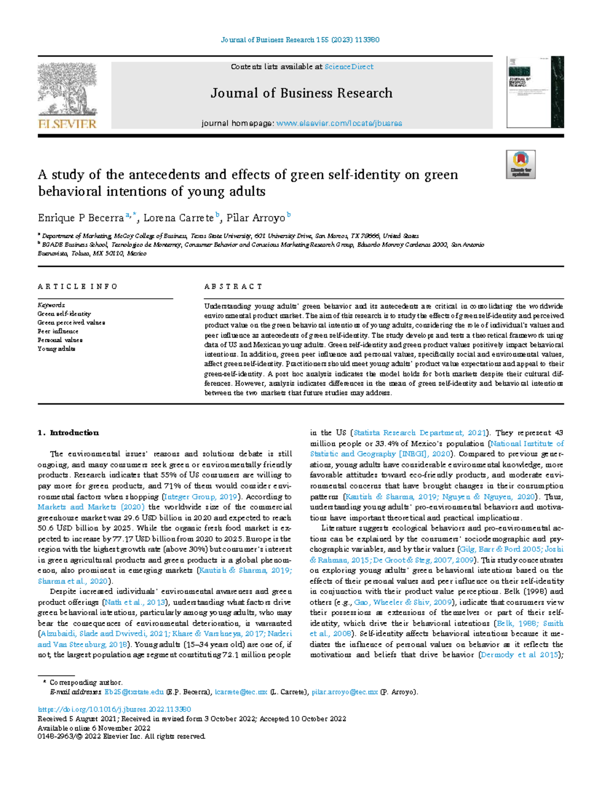 Antecedents and Effects of Green Behavior in Young Adults (BUS 155 ...