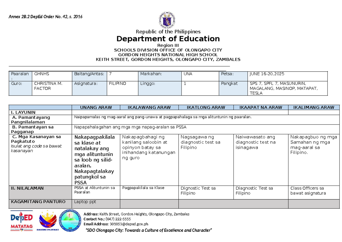 DLL-Week 1: Mga Layunin at Nilalaman sa Filipino - Studocu