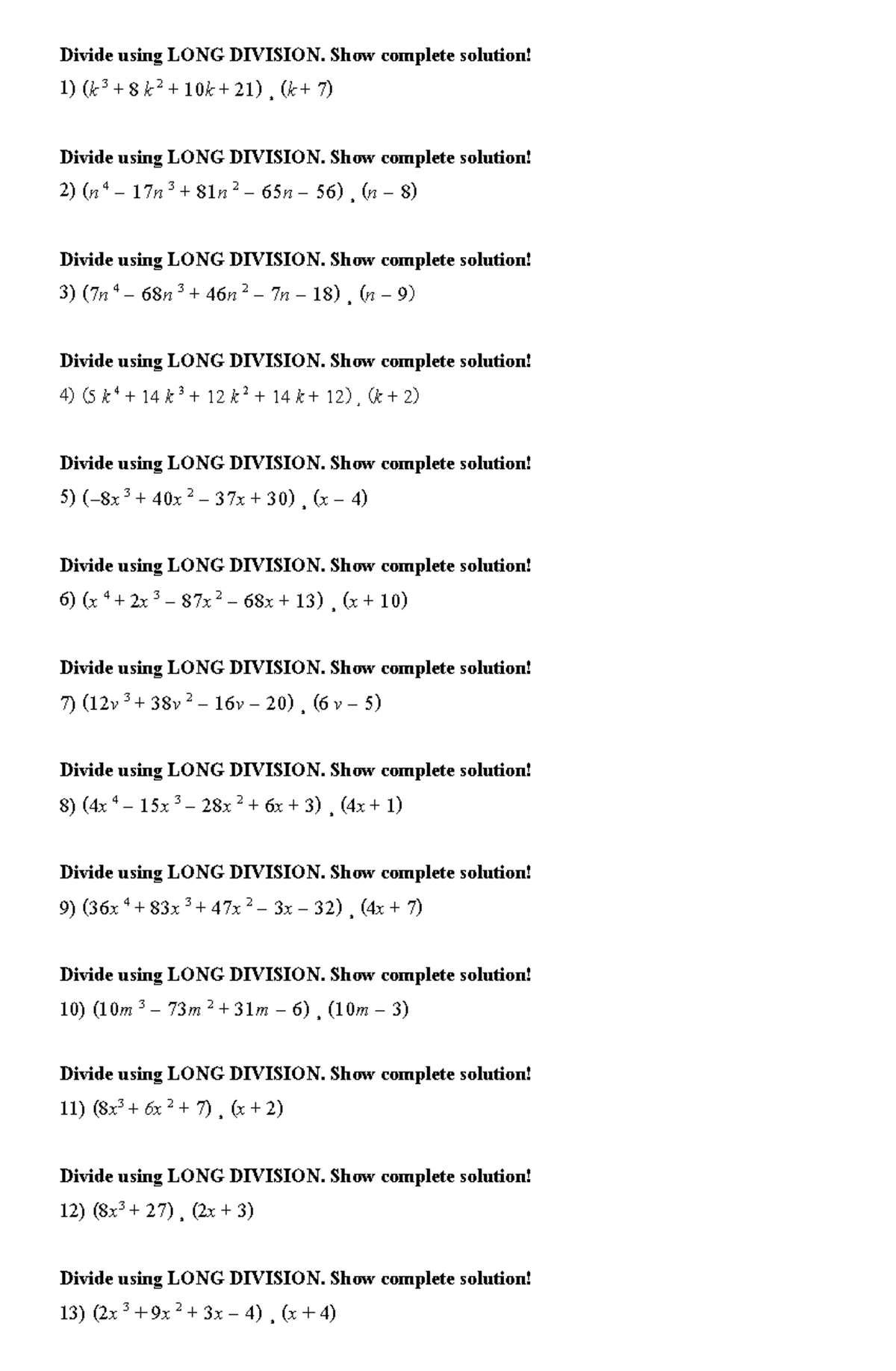 Q1-QUIZ 4: Long Division of Polynomials Solutions - Studocu