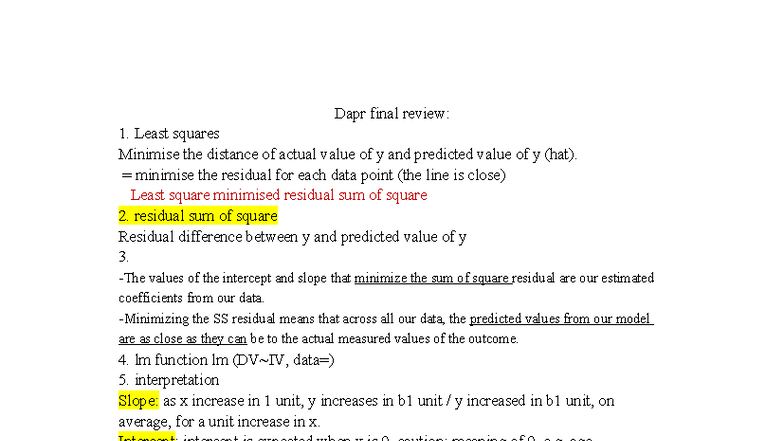 DAPR Final Review: Key Concepts in Linear Regression Analysis - Studocu