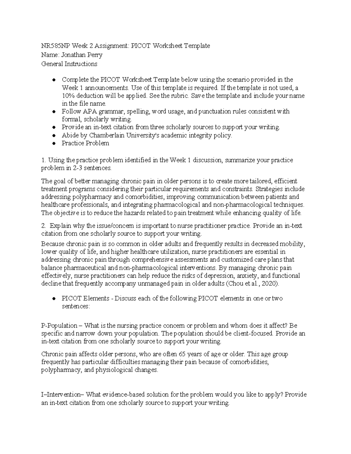 NR585NP Week 2 Assignment: PICOT Worksheet for Chronic Pain Management ...