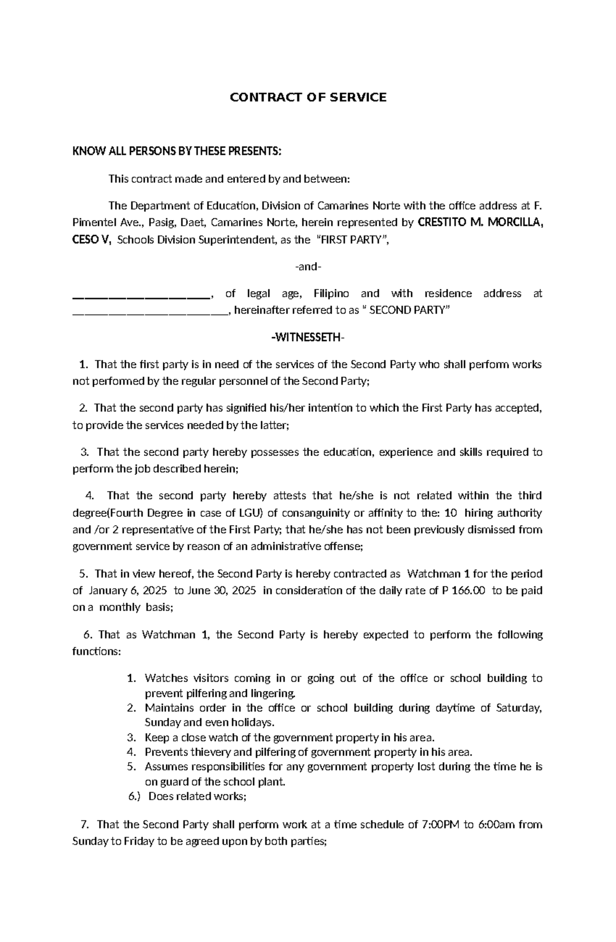 CONTRACT OF SERVICE FOR WATCHMAN 1 (2025) - Studocu