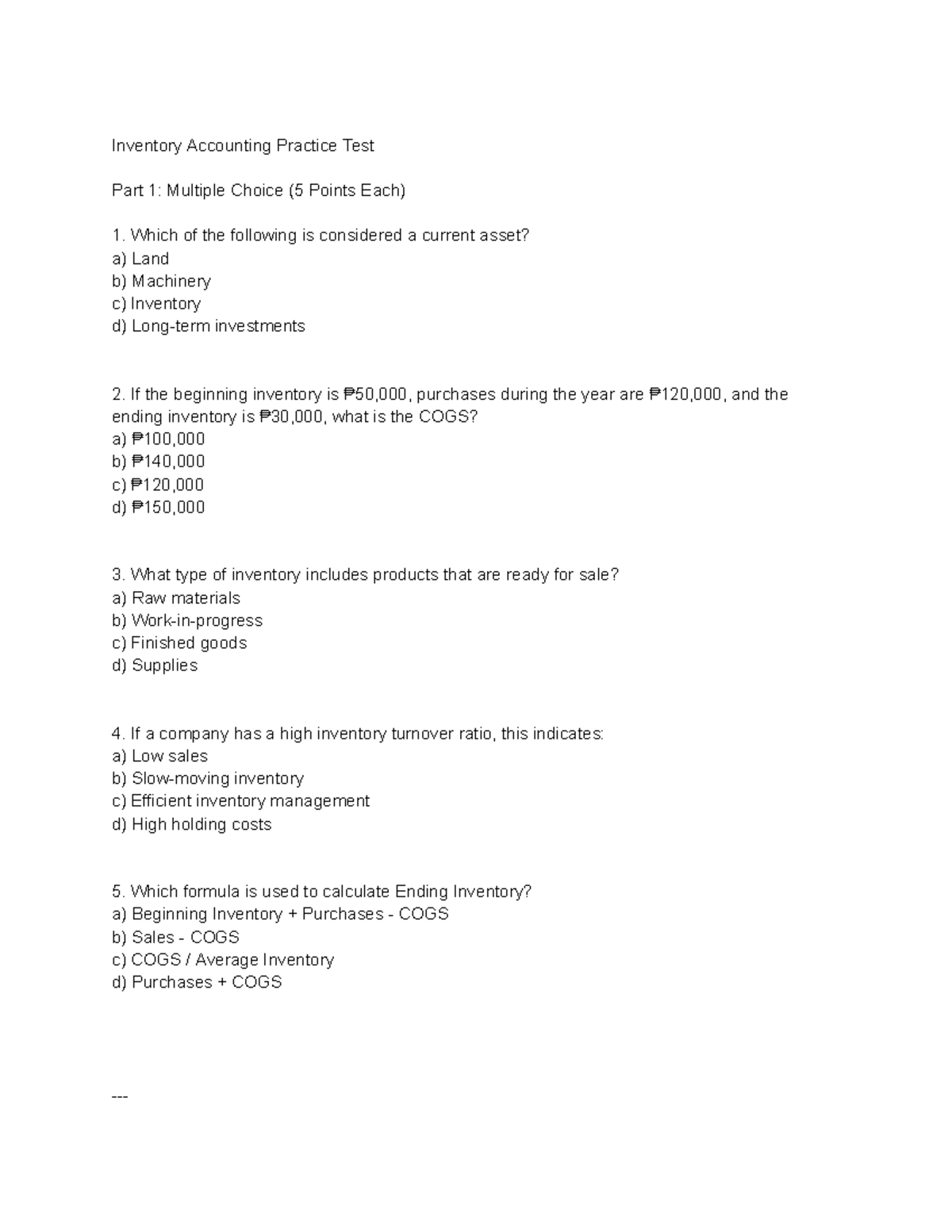 Inventory Accounting Practice Test (Chapter Review) - Studocu