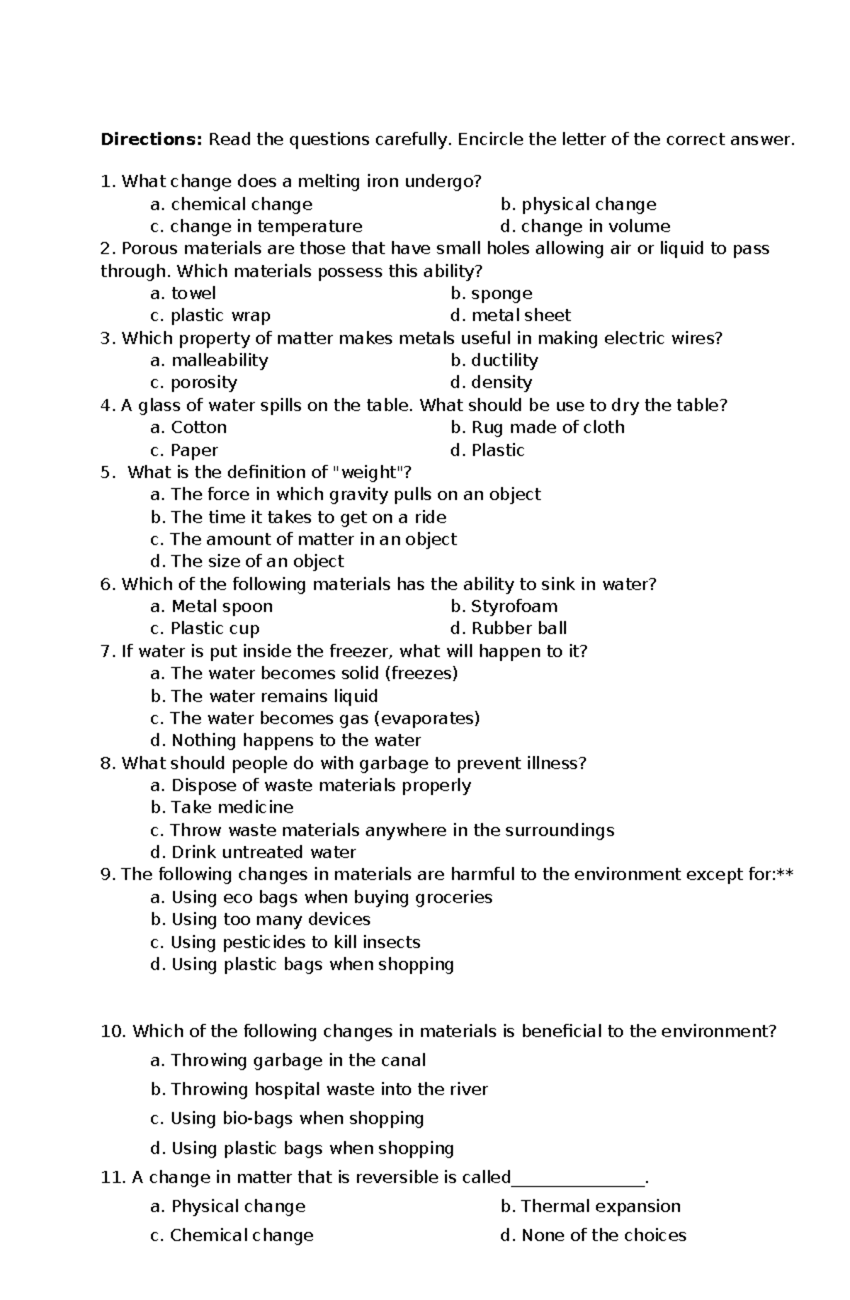 Grade 4 Science Quiz: Understanding Changes in Matter and Environment ...
