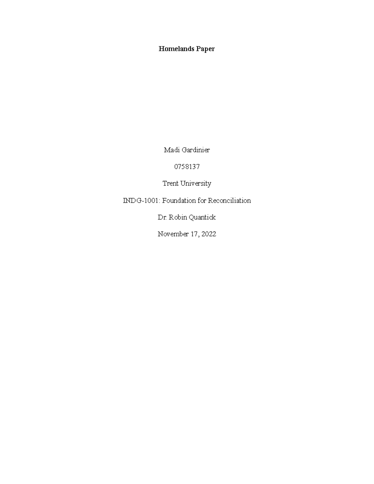 INDG-1001 Homelands Paper: Exploring Indigenous History in Cobourg ...