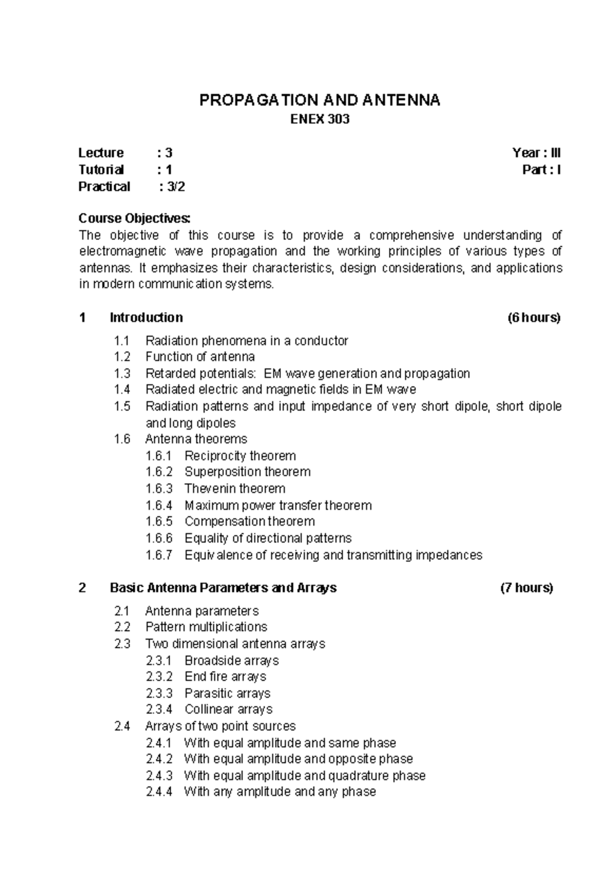 ENEX 303: Propagation & Antenna Lecture Tutorial Syllabus - Studocu