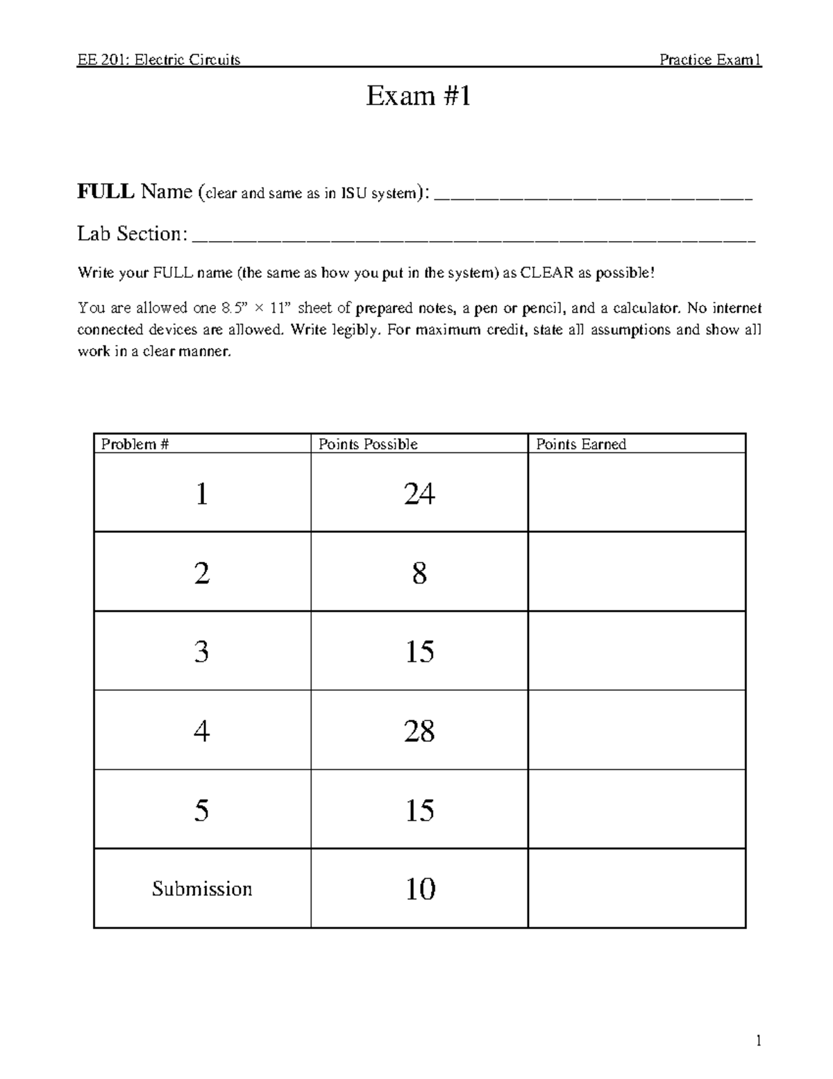 EE 201: Electric Circuits Practice Exam 1 - Full Name Required - Studocu