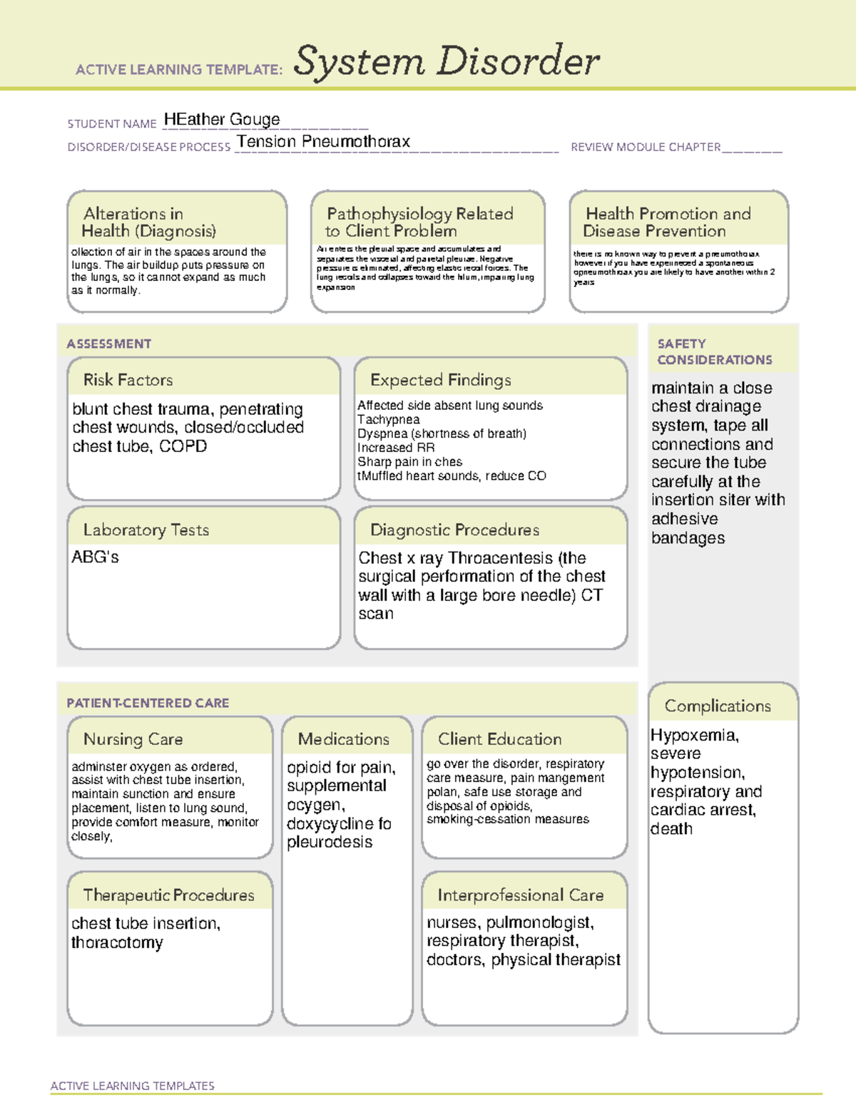 Active Learning Template: Tension Pneumothorax Overview - Studocu