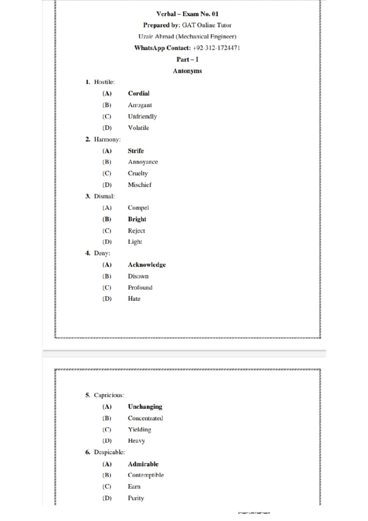 Verbal Exam No. 01: Antonyms, Sentence Correction & Analogies Guide ...