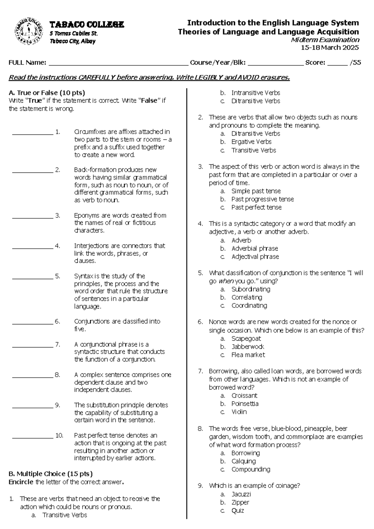 Introduction to English Language Midterm Exam (ENGL101) SY2024-2025 ...