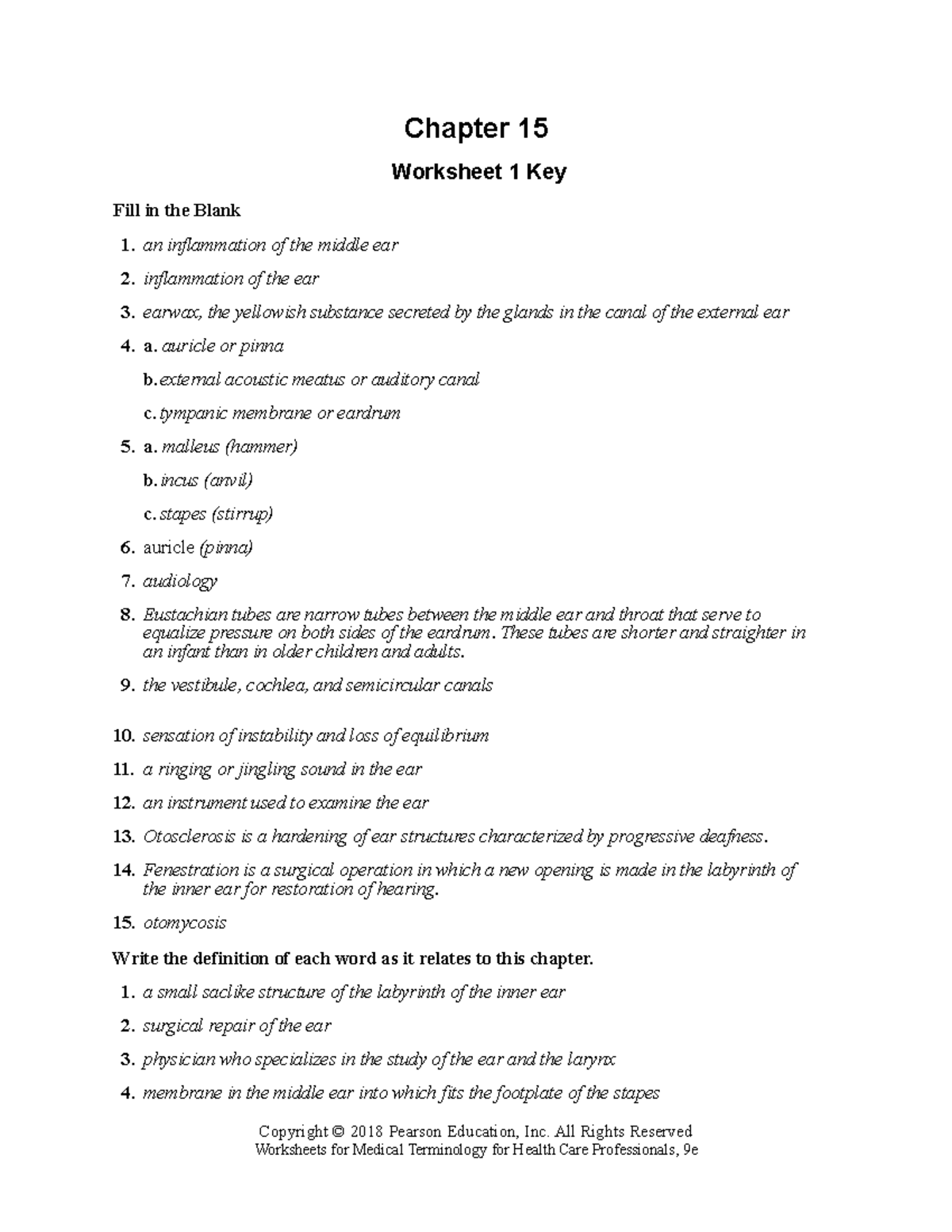 Chapter 15 Worksheet Key - Chapter 15 Worksheet 1 Key Fill in the Blank an inflammation of the ...