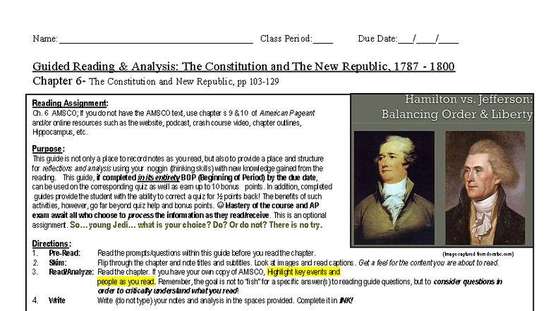 Guided Reading Analysis: The Constitution & New Republic (AMSCO Ch. 6 ...