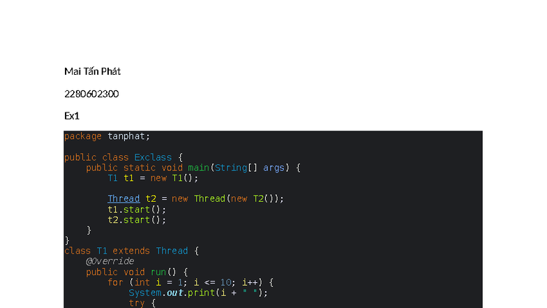MultiThreading Concepts in Java - Ex1 & Ex2 (2280602300) - Studocu