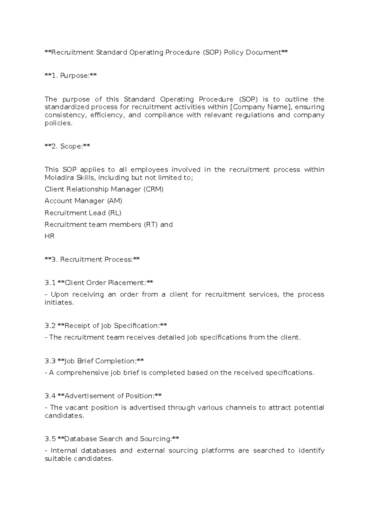 Recruitment SOP Overview for Moladira Skills: Process and Guidelines ...