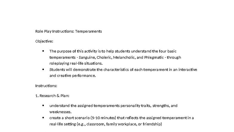 HW Roleplay Instructions: Understanding Temperaments Through ...