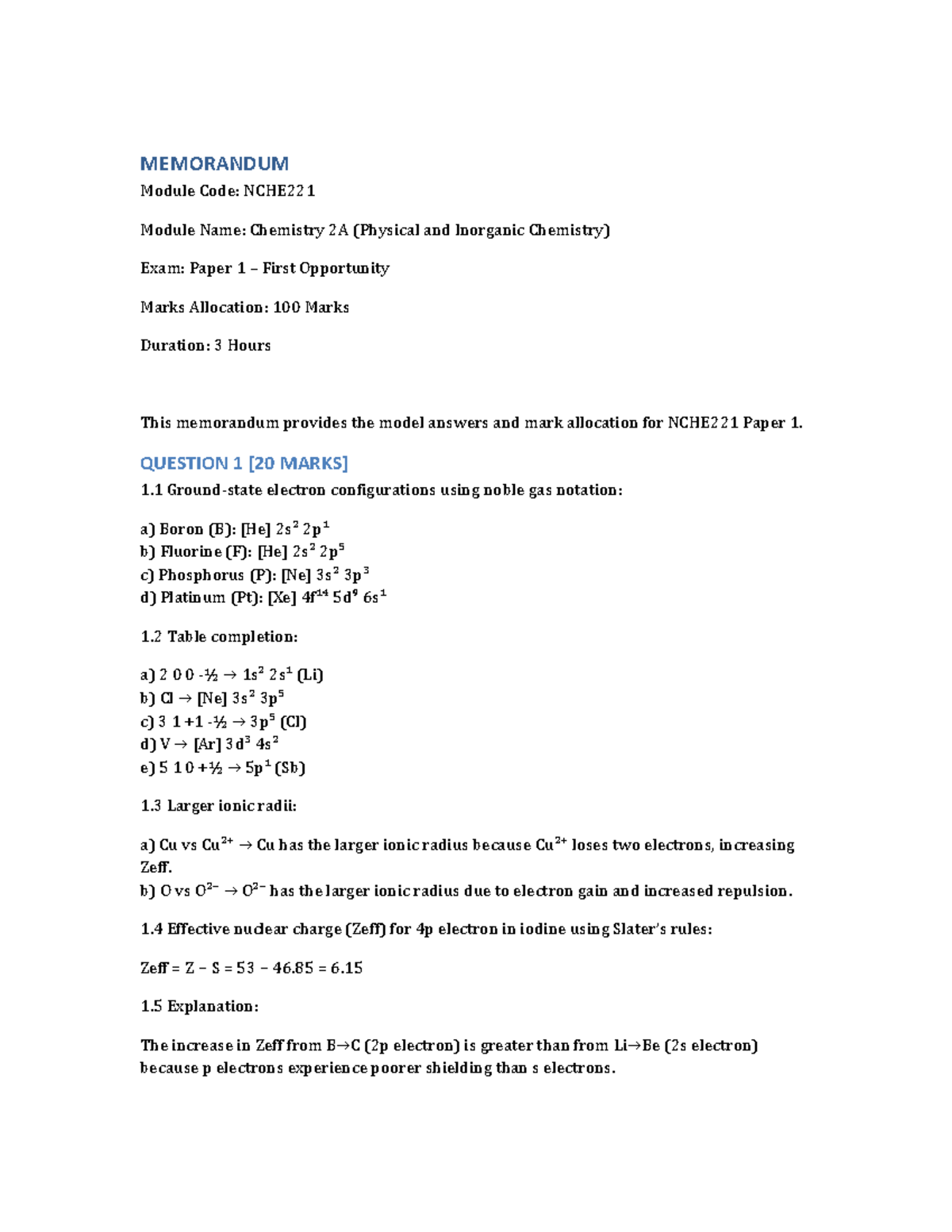 NCHE221 Chemistry 2A Exam Paper 1 Memorandum and Model Answers - Studocu