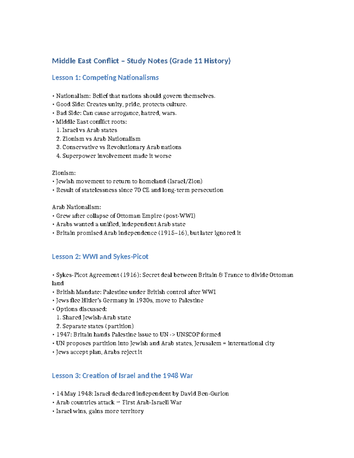 Middle East Conflict Study Notes (Grade 11 History) - Lesson 1-3 - Studocu