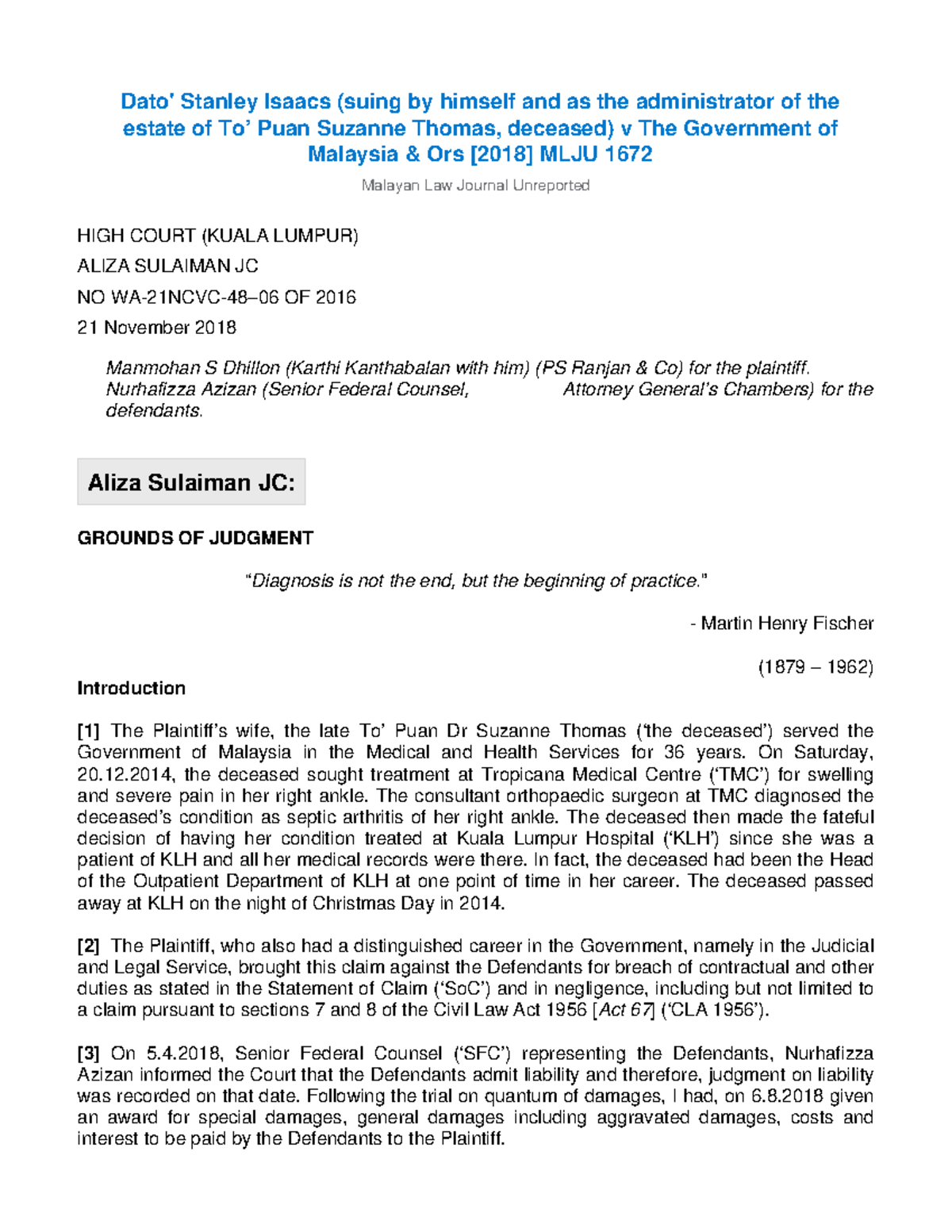 Stanley Isaacs v. The Government of Malaysia: Grounds of Judgment on ...