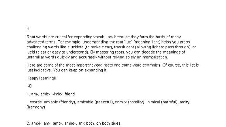 Vocabulary Roots and Word Examples: Essential Guide for KD 1 - Studocu