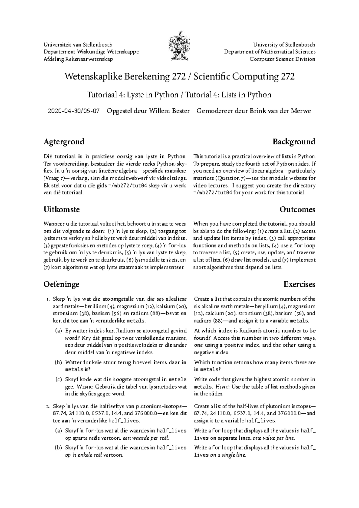 WB272 Tutorial 4: Practical Overview of Lists in Python - Studocu