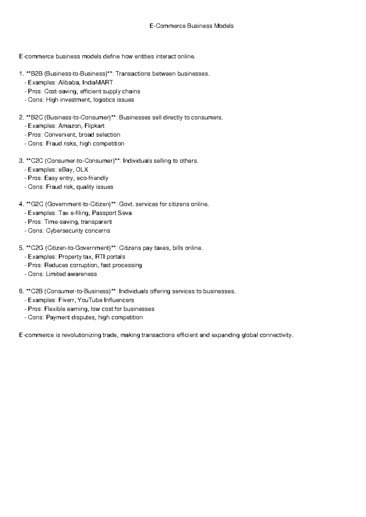 E-Commerce Business Models Overview: B2B, B2C, C2C, G2C & More - Studocu