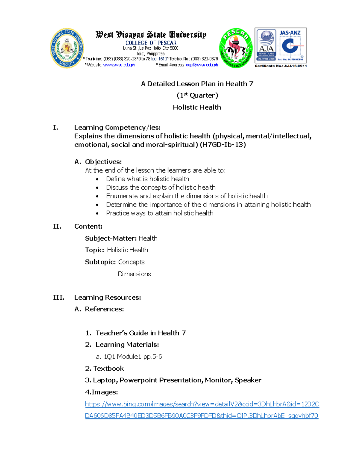 Detailed Lesson Plan on Holistic Health - Health 7 (1st Quarter) - Studocu