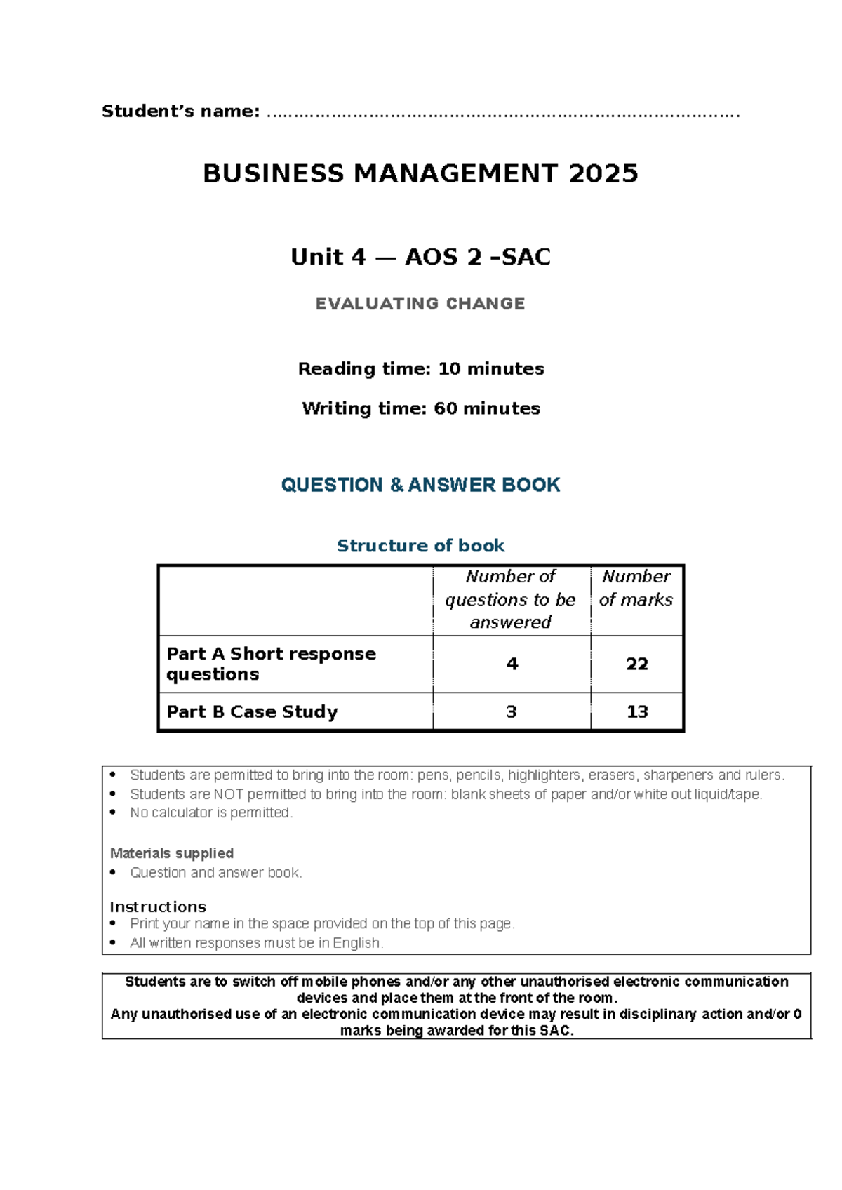 AOS 2 SAC - 2025 - Evaluating Change in Business Management - Studocu