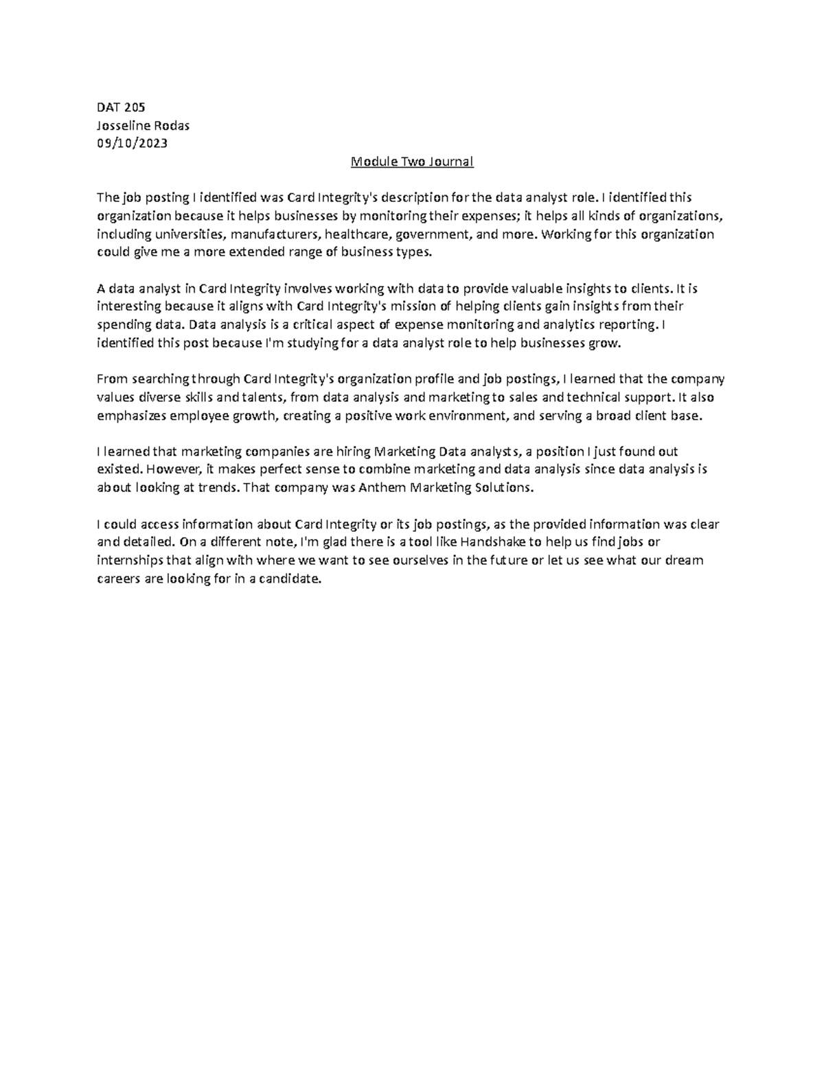 DAT 205 Journal Module 2 Rodas - DAT 205 Josseline Rodas 09/10/ Module ...
