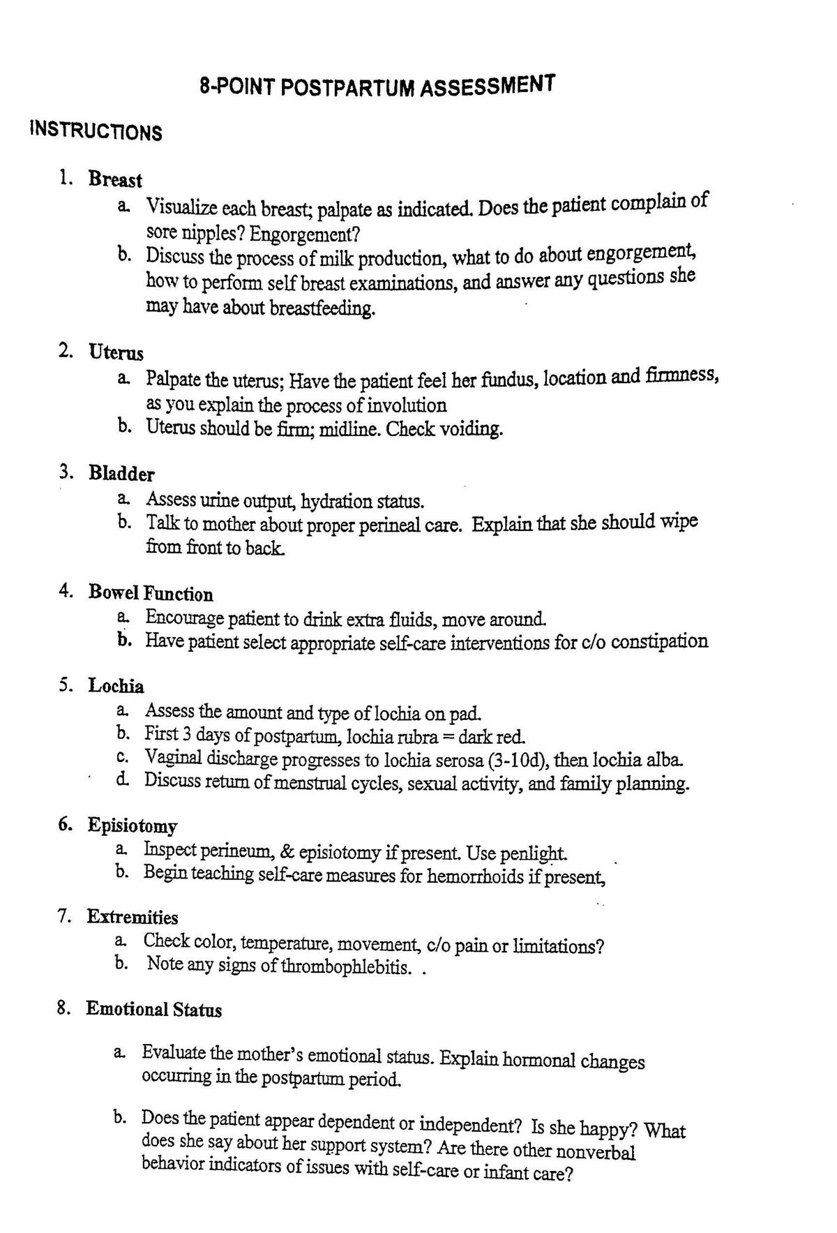 8-Point Postpartum Assessment Instructions - North Campus - Studocu