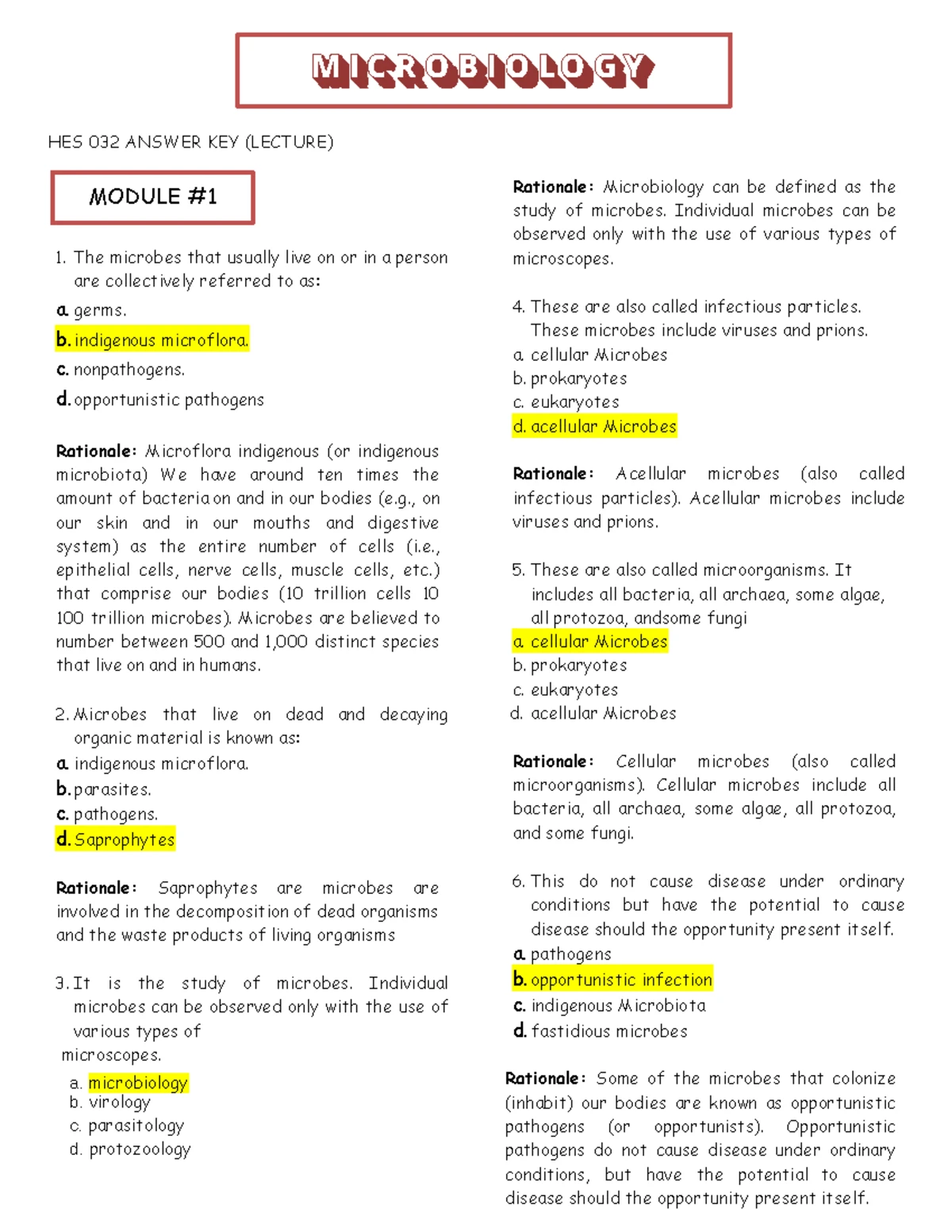 Microbiology Lecture - HES 032 ANSWER KEY (LECTURE) The microbes that usually live on or in a ...